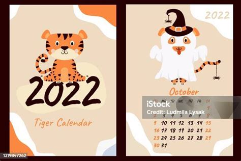 세트 2022년 10월 달력 및 커버 거미와 모자에 귀여운 유령 호랑이 할로윈 휴가 중국또는 동양호랑이의 해 세로 A4