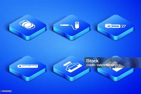 찢어진 문서 페인트 양동이 잉크 병 눈금자 롤러 브러시 및 문구 칼 아이콘을 설정합니다 벡터 3차원 형태에 대한 스톡 벡터 아트