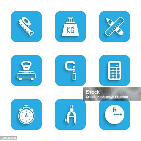 마이크로미터 드로잉 나침반 반경 계산기 스톱워치 저울 십자 눈금자와 연필 및 측정 테이프 아이콘을 설정합니다 벡터 0명에 대한