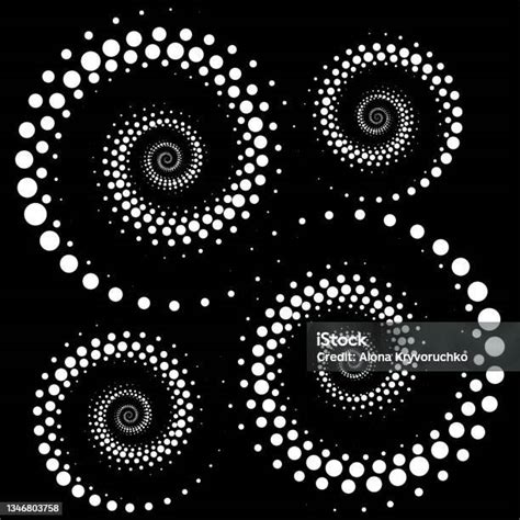 벡터 편집 가능한 그래픽입니다 원형 나선형의 형태로 흑백 점 둥근 기하학적 로고 스텐실 점선 프레임 웹 배너 포스터 커버 소셜