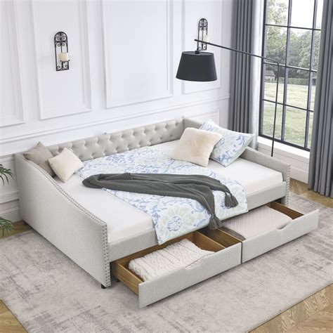 Beige Queen Daybed With Storage Button Tufted Back Copper Nail Arms