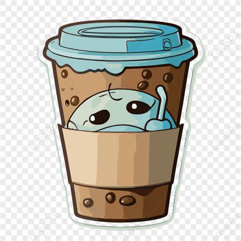 커피 컵에 만화 일러스트 캐릭터의 스티커 벡터상표 Png 일러스트 무료 다운로드 Lovepik