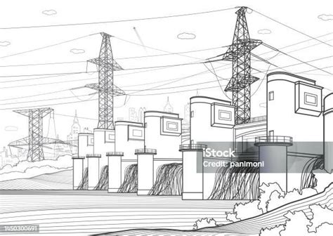 수력 발전소 강 댐 재생 가능 에너지 원 고전압 전송 시스템 전기 기둥 전력선 도시 인프라 산업 개요 그림입니다 벡터 디자인 아트 산업에 대한 스톡 벡터 아트 및 기타