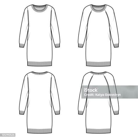 라운드 넥 드레스 스웨터 테크니컬 패션 일러스트레이션 로트 롱 라글란 슬리브 오버사이즈 바디 힙 길이 0명에 대한 스톡 벡터 아트 및 기타 이미지 Istock