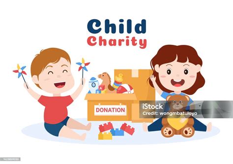 어린이를위한 장난감 사회 복지 자원 봉사 및 자선 단체를위한 장난감이 들어있는 골판지 기부 상자 손으로 그린 만화 플랫 일러스트 레이 션 가족에 대한 스톡 벡터 아트 및