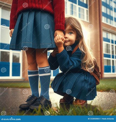 Young Girl Sneaking A Peek Into School On Her First Day Of Kindergarten