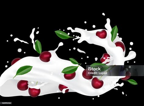 떨어지는 벚꽃 잎 조각 우유 스플래시 3d 그림 크림 붓는 웨이브 요구르트 포장 템플릿 현실적인 유기농 체리 과일 낙농 제품입니다 벡터 0명에 대한 스톡 벡터 아트 및 기타