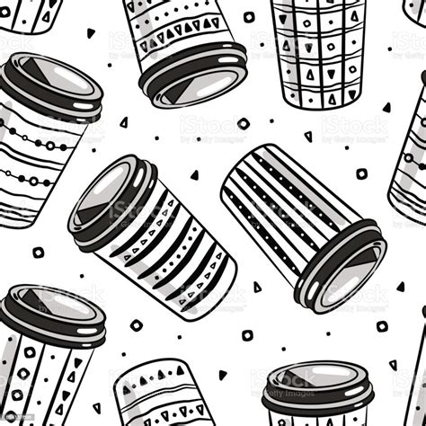 손으로 그린 낙서가 커피 컵 완벽 한 패턴입니다 만화 아침 커피 타일링 패턴입니다 0명에 대한 스톡 벡터 아트 및 기타 이미지