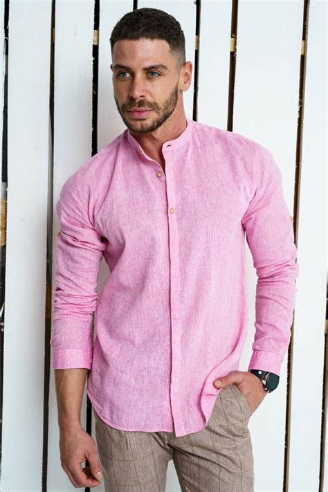 Вталена мъжка риза розова ЛЕН