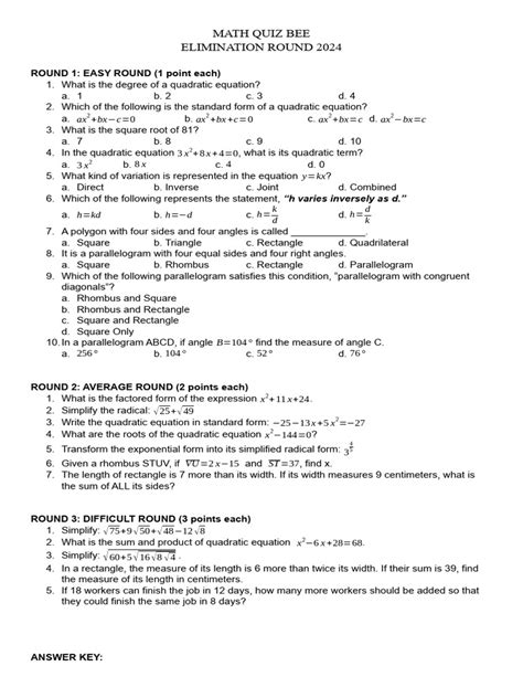 Elimination Round Questions Pdf Rectangle Elementary Mathematics