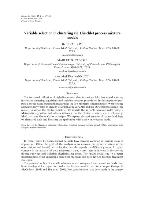 pdf variable selection in clustering via dirichlet process mixture models