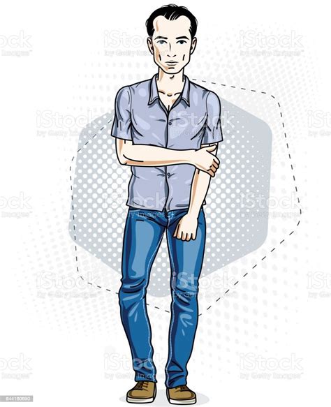 자신감이 생기고 Brunet 젊은 남자 서 남성 캐주얼 옷을 입고 청바지 바지와 면 셔츠의 벡터 그림 갈색 머리에 대한 스톡 벡터 아트 및 기타 이미지 Istock