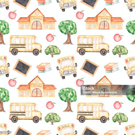 수채화 손으로 그린 학교 용품 원활한 패턴 버스 교통 나무 학교 집 사과 책 어린이 학용품 문구 반복 용지 교육 패턴 베이비 프린트 0명에 대한 스톡 벡터 아트 및 기타