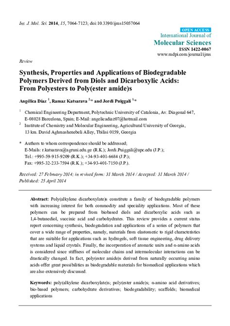 Pdf Synthesis Properties And Applications Of Biodegradable Polymers Derived From Diols And