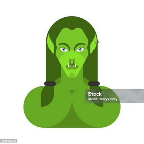 오 우거 여성 얼굴입니다 녹색 고 블 린 여자 초상화입니다 미쳐 레이디 트롤 귀 부분에 대한 스톡 벡터 아트 및 기타 이미지 귀 부분 꼬마 요정 눈 신체 부분
