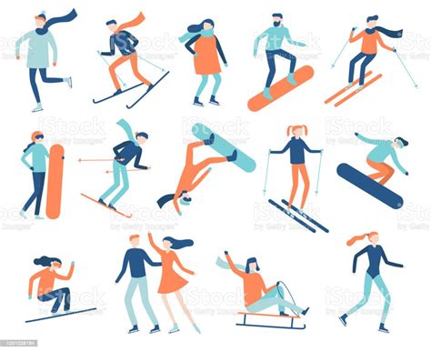 겨울 스포츠 사람들입니다 스노우 보드 스키 또는 얼음 스케이트에 스포츠맨입니다 스노우 보드 스키와 스케이트 스포츠 고립 된 평면 벡터 세트 스키타기에 대한 스톡 벡터 아트