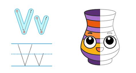 문자를 추적하고 그림을 추적하고 색칠합니다 교육 아이들은 게임을 추적합니다 알파벳색칠하기 편지 V와 재미 꽃병 0명에 대한 스톡