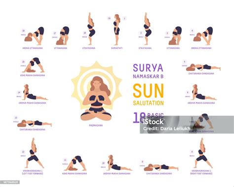 Surya Namaskar B 태양 솔루테이션 벡터 일러스트 레이 션 세트 의 열여덟 기본 포즈 고립된 배경에서 요가 아사나를 하는 곡선미 있는 여성 포스터 기치 벡터에