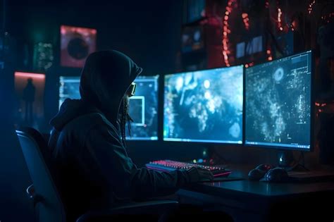 Premium Ai Image Cybercrime Concept Young Man In Hoodie Sitting In Front Of Computer Monitor