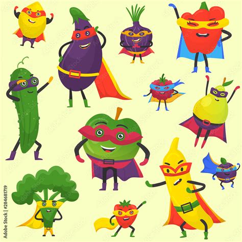 Superhero Fruit And Vegetables Vector Pattern Super Banana Eggplant