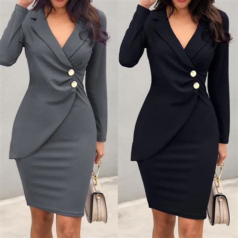 New Office Dress Women Elegant Women Office Lady Sexy Solid Turn Down