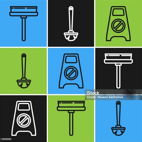 세트 라인 스퀴지 스크레이퍼 와이퍼 젖은 바닥 및 진행 중인 청소 및 화장실 브러시 아이콘 벡터 경계 표지에 대한 스톡 벡터