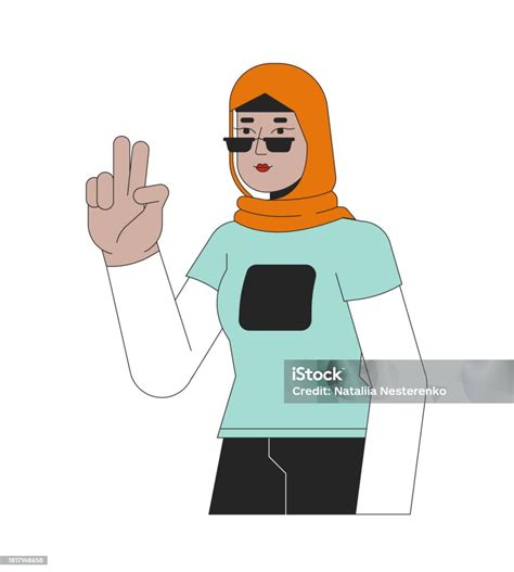 승리의 상징 2d 선형 만화 캐릭터를 보여주는 세련된 무슬림 여자 2차 도형에 대한 스톡 벡터 아트 및 기타 이미지 2차