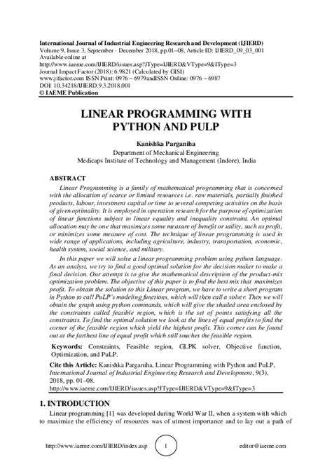 Pdf Linear Programming With Python And Pulp