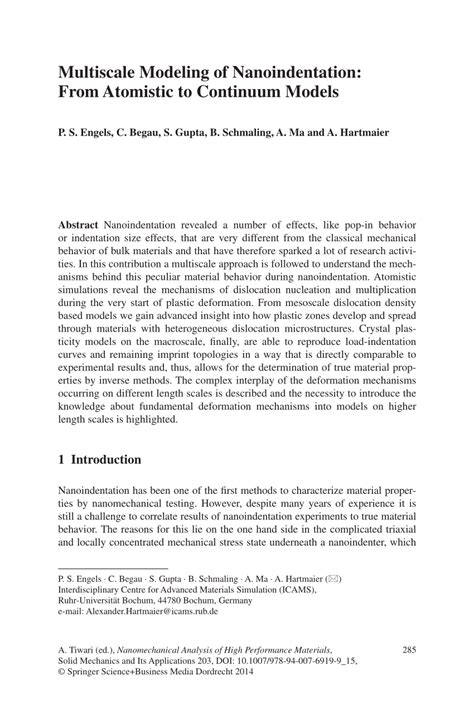 Pdf Multiscale Modeling Of Nanoindentation From Atomistic To