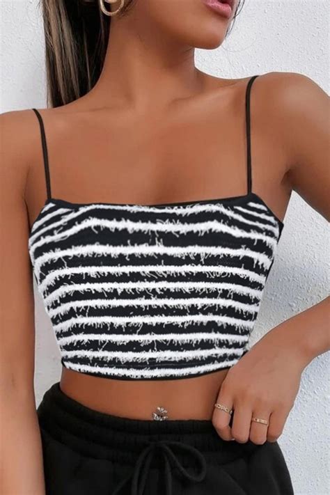 Wholesale Black Sexy Striped Patchwork Backless Spaghetti Strap Tops