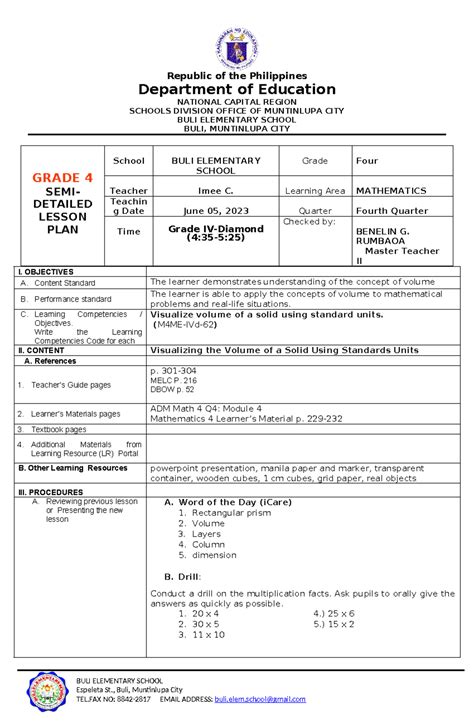 Math 4 Quarter 4 Co2 Visualizing Volume Buli Elementary School Espeleta St Buli Muntinlupa