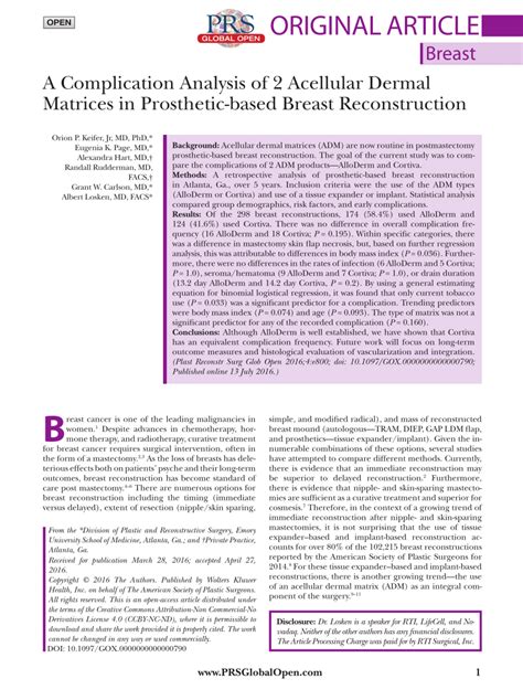Pdf A Complication Analysis Of 2 Acellular Dermal Matrices In Prosthetic Based Breast