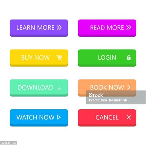 모바일 앱 웹 배너 게임을위한 평면 스타일의 현대적인 스타일 버튼 세트 격리 된 배경에 여러 가지 빛깔의 버튼 로그인 학습 읽기 다운로드 구매 시계 취소를위한 탐색 메뉴