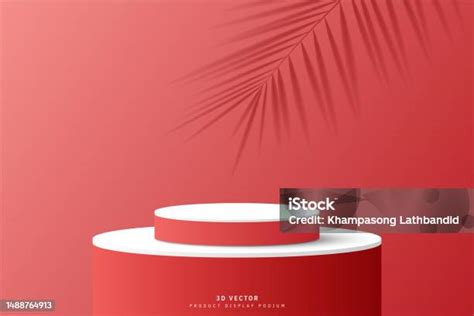 3d 흰색 빨간색 실린더 연단 받침대는 야자수 잎 그림자 배경이 있는 거대한 둥근 받침대에 현실적으로 배치됩니다 제품 모형 또는 프레젠테이션을 위한 최소한의 벽 장면