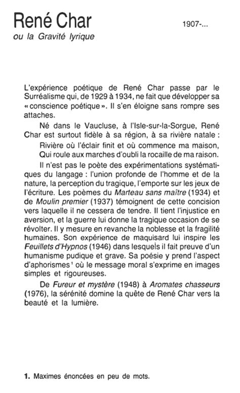 René Char 1907 Ou La Gravité Lyrique Lexpérience Poétique De René