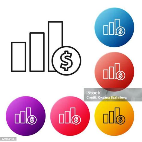 흰색 배경에 격리 된 검은 색 선 원형 차트 인포 그래픽 및 달러 기호 아이콘입니다 다이어그램 차트 기호입니다 아이콘 다채로운 원 버튼을 설정합니다 벡터 일러스트레이션 0