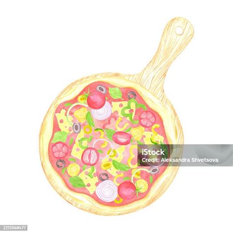 손으로 그린 수채화 피자 토마토 피클 고추 올리브 나무 보드에 흰색 배경에 고립되어 있습니다 라벨 카드 스크랩북 및 기타 인쇄