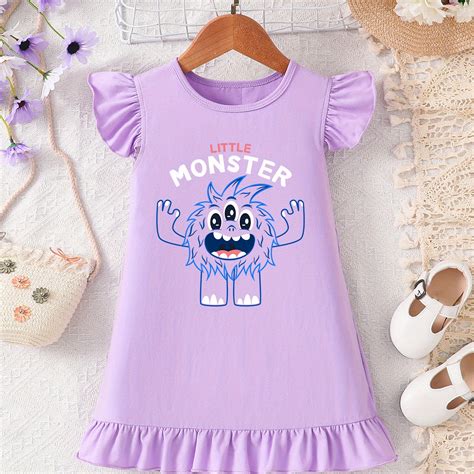 봄과 여름을 위한 스타일리시하고 약간의 유연성이 있는 프릴 트림 면 드레스 아기 소녀들을 위한 Little Monster 그래픽 프린트 아웃도어 활동을 위한 유아
