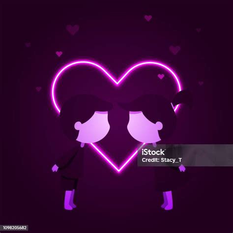벡터 귀여운 소녀와 소년 네온 반짝 하트 기호 앞에서 키스 낭만적인 성 발렌타인의 날 그림 인사말 카드 배너 디자인 서식 파일 재미 있는 만화 아이 들 개념에 대한 스톡