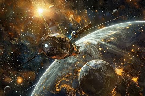 Exploration Of Distant Planets And The Spacecraft Journeying Through Vibrant Cosmic Landscapes