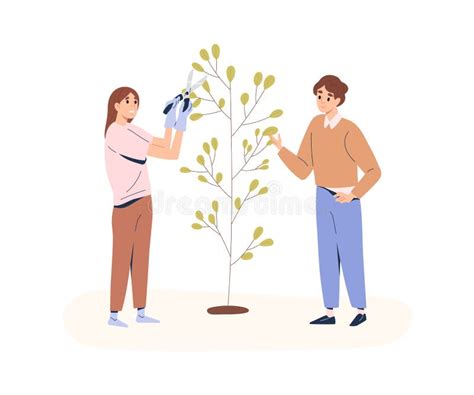 People Caring About Tree Pruning It Cutting With Scissors Couple Of Man And Woman Work With