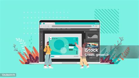 디자이너 커플 랩톱 화면 크리에이티브 콘텐츠 구성 디자인 개념에 그래픽 편집기와 함께 작업 개념에 대한 스톡 벡터 아트 및 기타 이미지 개념 개발 계획 Istock