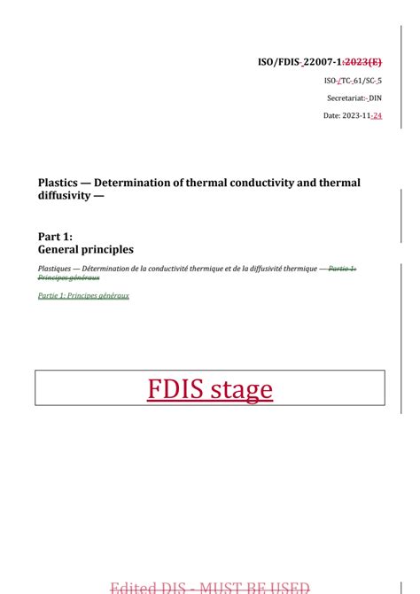 ISO FDIS 22007 1 Plastics Determination Of Thermal Conductivity And Thermal Diffusivity Part