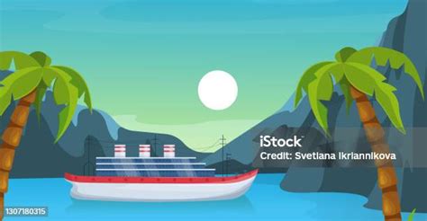 바다에서 해상 선박 열대 야자수와 산 근처 브리간틴 선박 물 교통 관광 운송 만화 벡터 0명에 대한 스톡 벡터 아트 및 기타 이미지 0명 경주 보트 관광 Istock