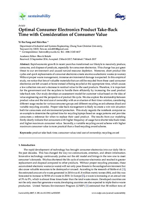 Pdf Optimal Consumer Electronics Product Take Back Time With Consideration Of Consumer Value