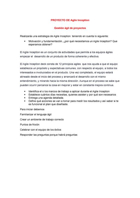 Proyecto De Agile Inception Proyecto De Agile Inception Gestión ágil De Proyectos Realizarás