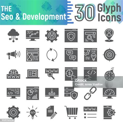 서 장 훈과 개발 글리프 아이콘 설정 최적화 기호 컬렉션 벡터 스케치 로고 삽화 기술 표지판 고체 무늬 패키지에 고립 된 백색 배경 10에 대한 스톡 벡터 아트 및 기타