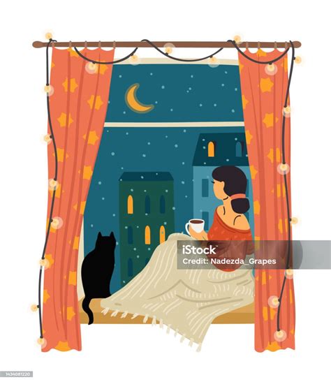 크리스마스와 새해 복 많이 받으세요 고립된 일러스트레이션 창문 밖을 내다보는 여자 벡터 디자인 창문에 대한 스톡 벡터 아트 및 기타 이미지 Istock