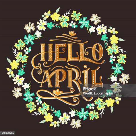 손으로 스케치 안녕하세요 4 월 진저 브레드 스타일에 텍스트 봄 또는 부활절 엽서 카드 초대장 전단 배너 서식 파일 꽃 화 환과