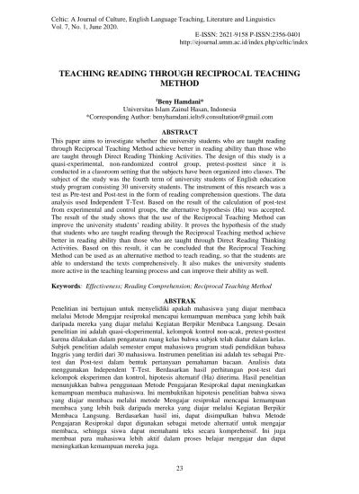 Teaching Reading Through Reciprocal Teaching Method